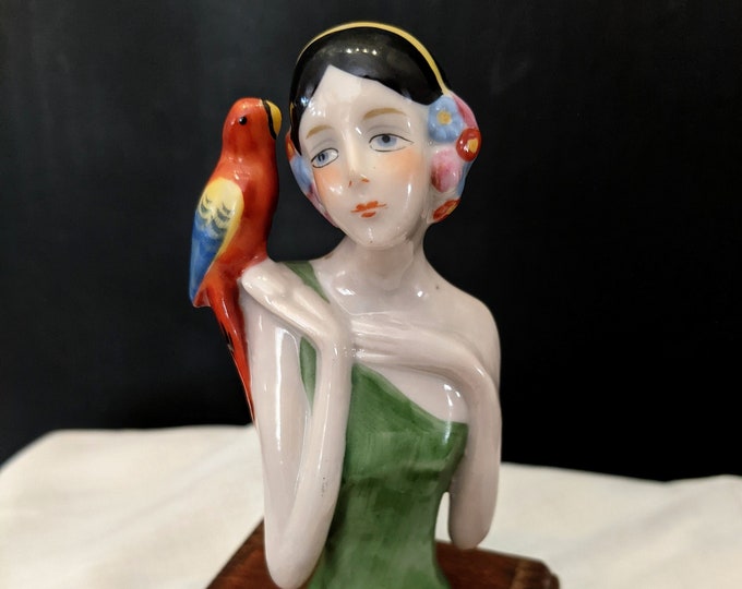 Antique Art Deco Flapper Half Doll With Parrot, Pincushion Doll, Demi ...
