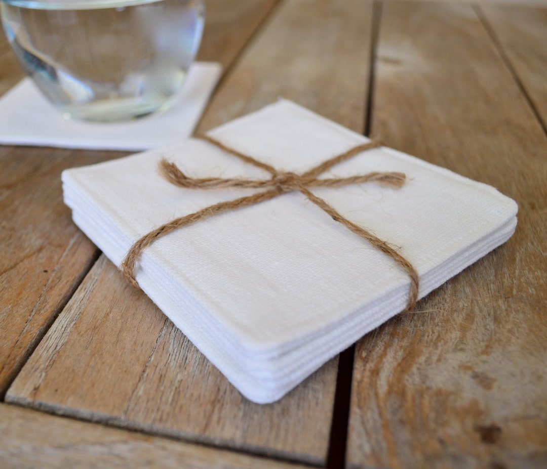 White Linen Fabric Drink Coasters, Cocktail Napkins, Drink Coaster ...