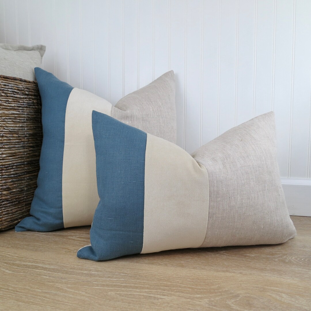 Color Block Pillow Cover, Slate Blue Linen and Ivory Velvet Minimalist ...