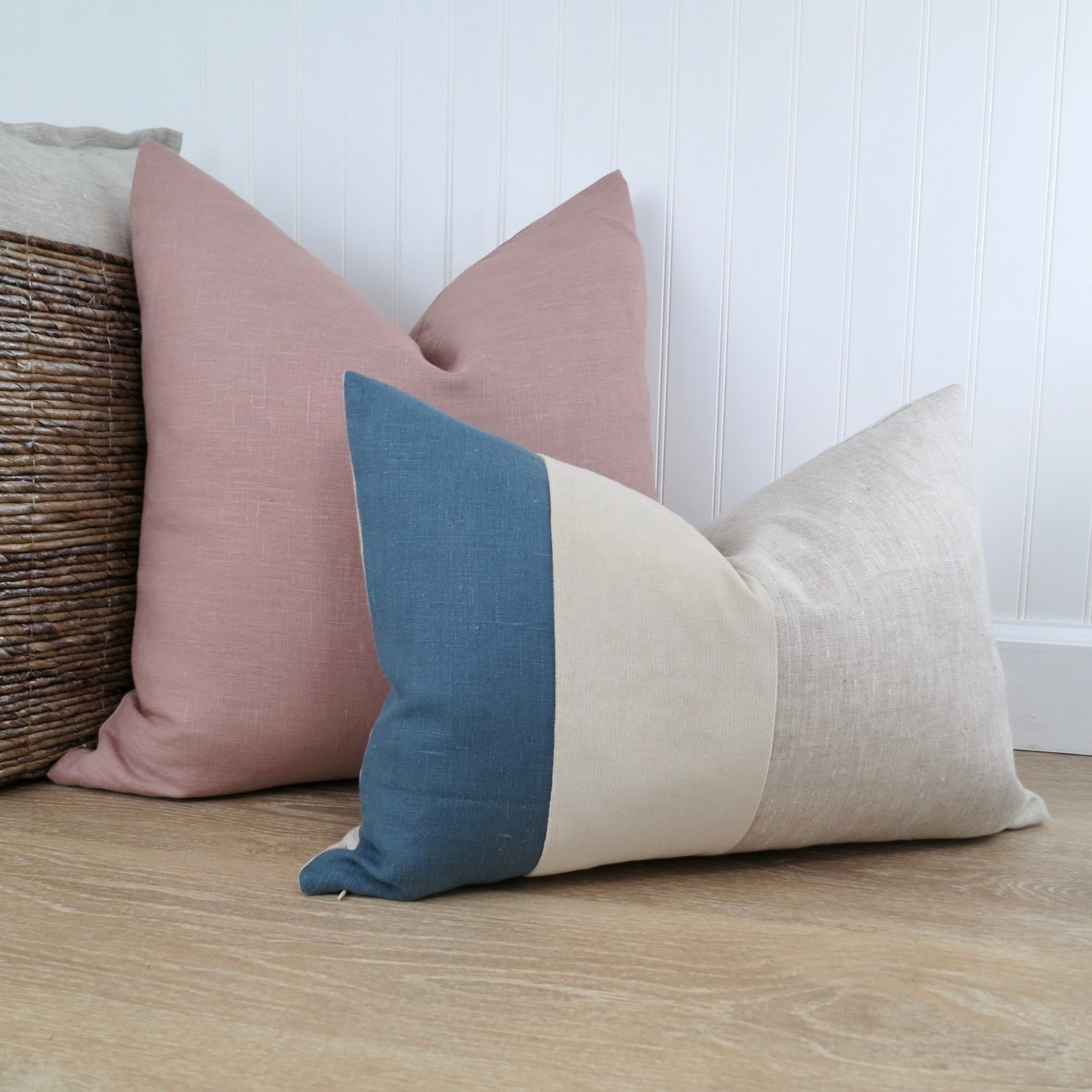 Color Block Pillow Cover, Slate Blue Linen and Ivory Velvet Minimalist ...