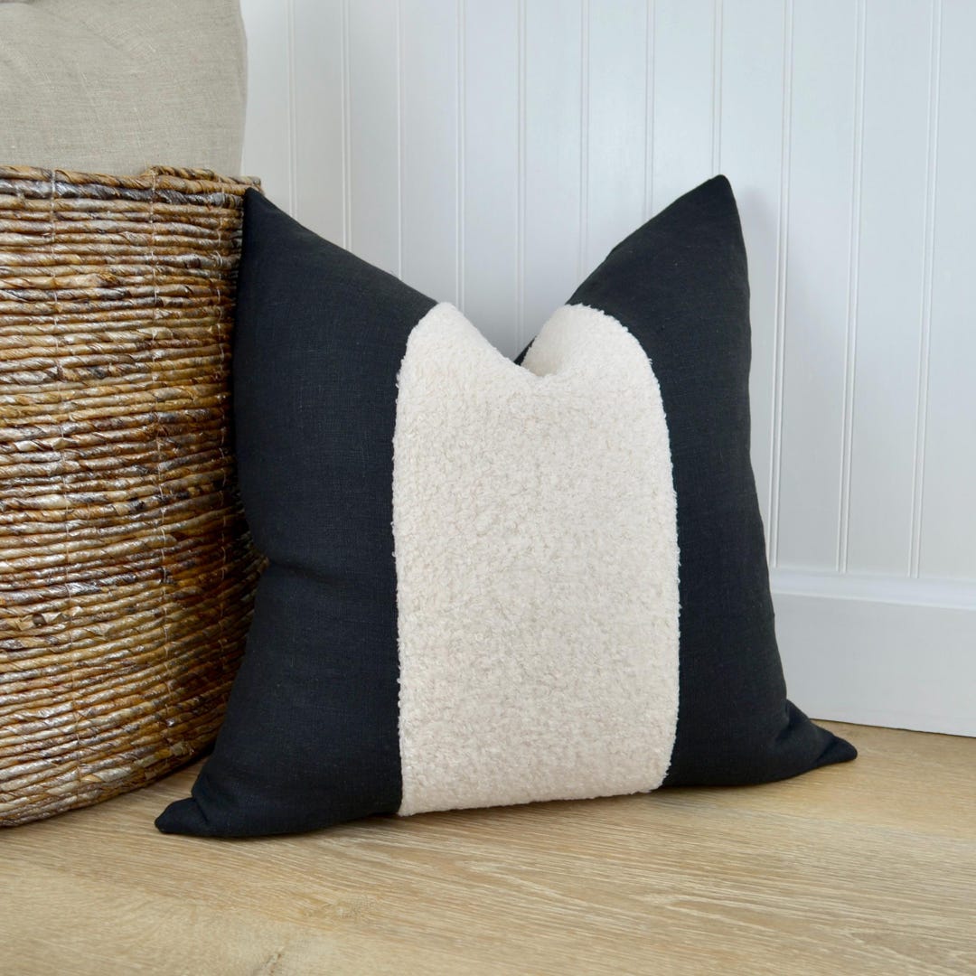 Black Linen and Ivory Boucle Throw Pillow Cover, Cozy Throw Pillow ...