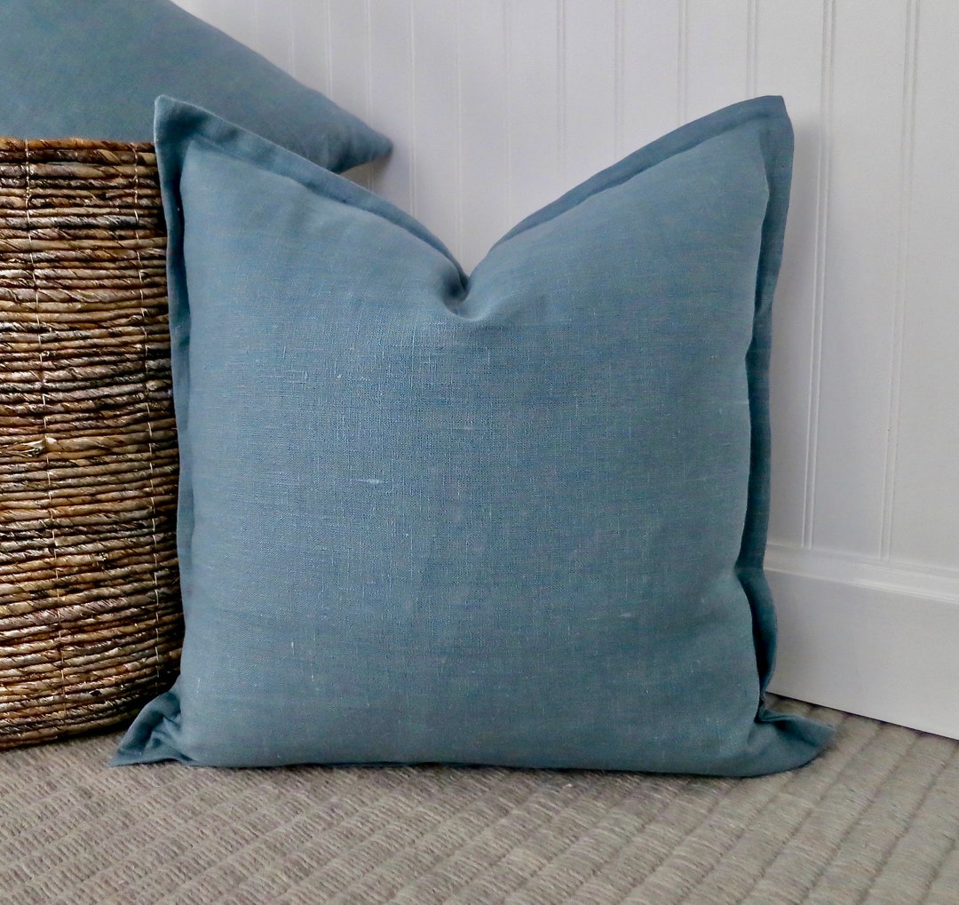 Slate Blue Linen Throw Pillow Cover With Flange Edge, Dusty Blue Pillow ...