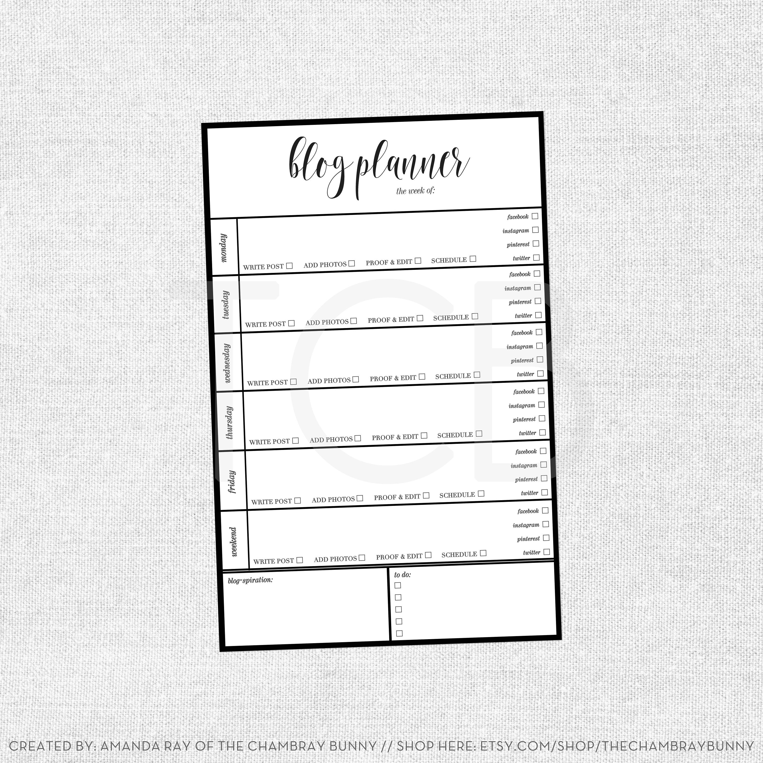 Weekly Blog Planner Calendar 8.5 X 5.5 - PRINTABLE / DIY - Etsy