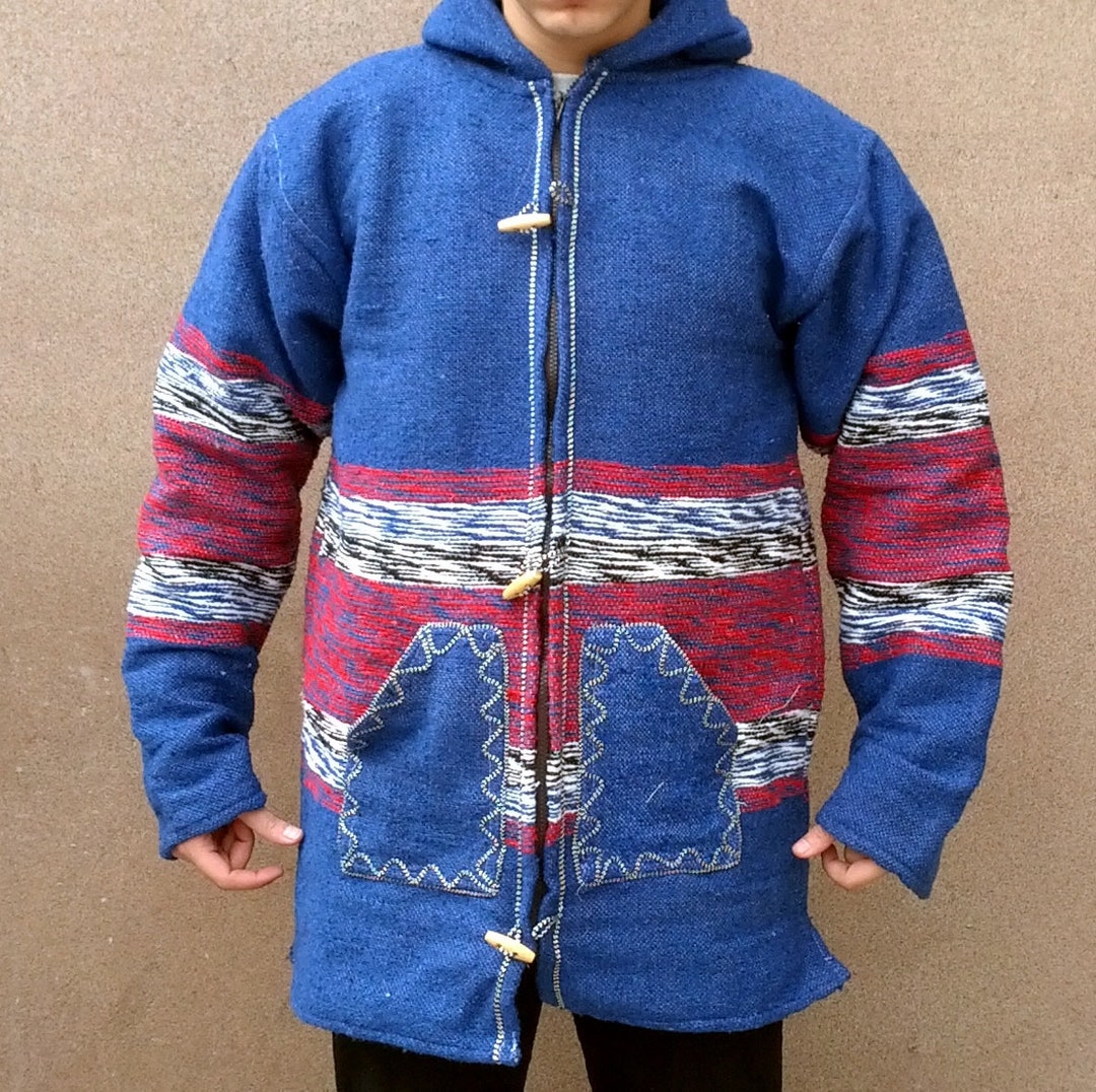 Moroccan Handmade Hippie Jerga Baja Blue Red White Winter Cotton Hoodie ...