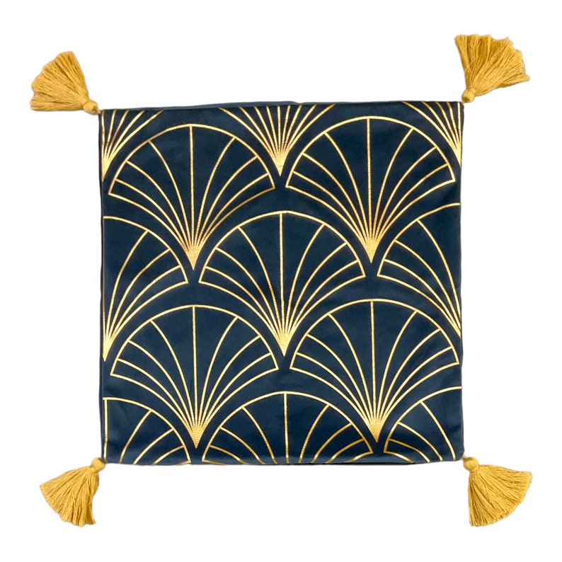 Art Deco Indigo Blue Velvet Gold Cushion Cover With Tassels - Etsy