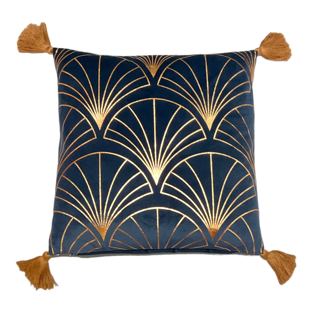 Art Deco Blue Velvet Golden Cushion Cover With Tassels, Art Deco Pillow ...