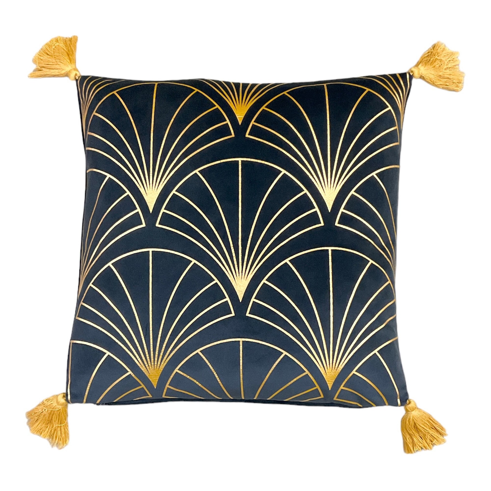 Art Deco Indigo Blue Velvet Gold Cushion Cover With Tassels, Art Deco ...
