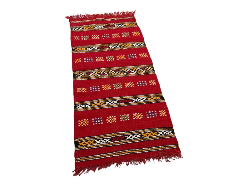 Authentic Moroccan Handmade Handwoven Kilim 100% Wool Red Rug 0.55 X 1. ...