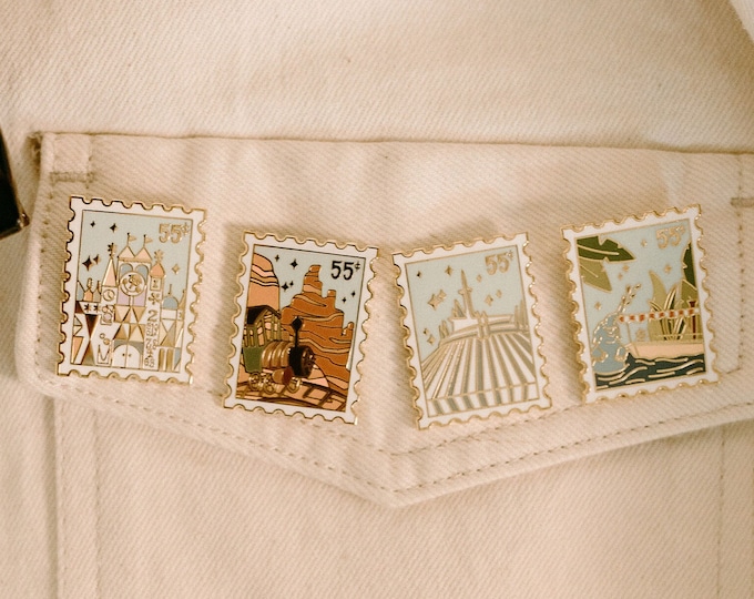 Vintage Land Stamp Pins. Fantasyland, Frontierland, Tomorrowland and ...