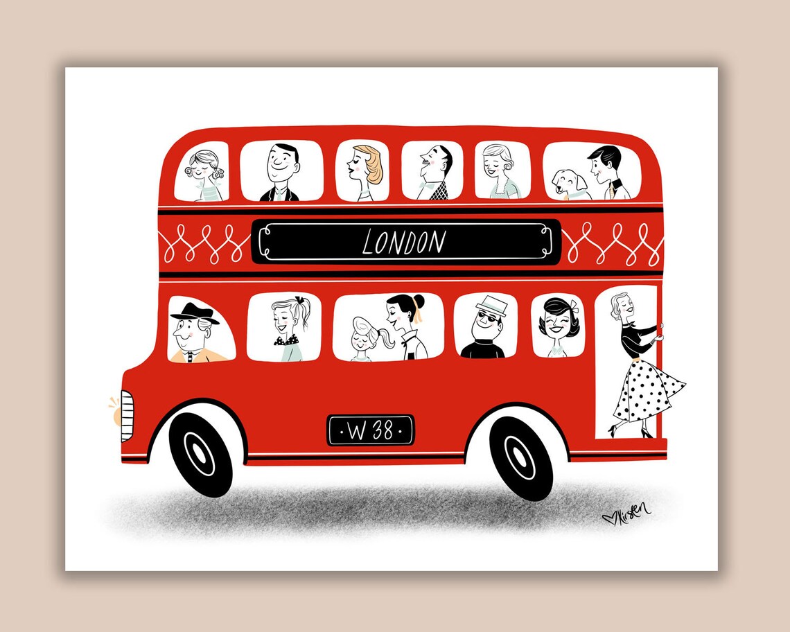 London Bus Mid Century Modern Illustration Art Print in - Etsy