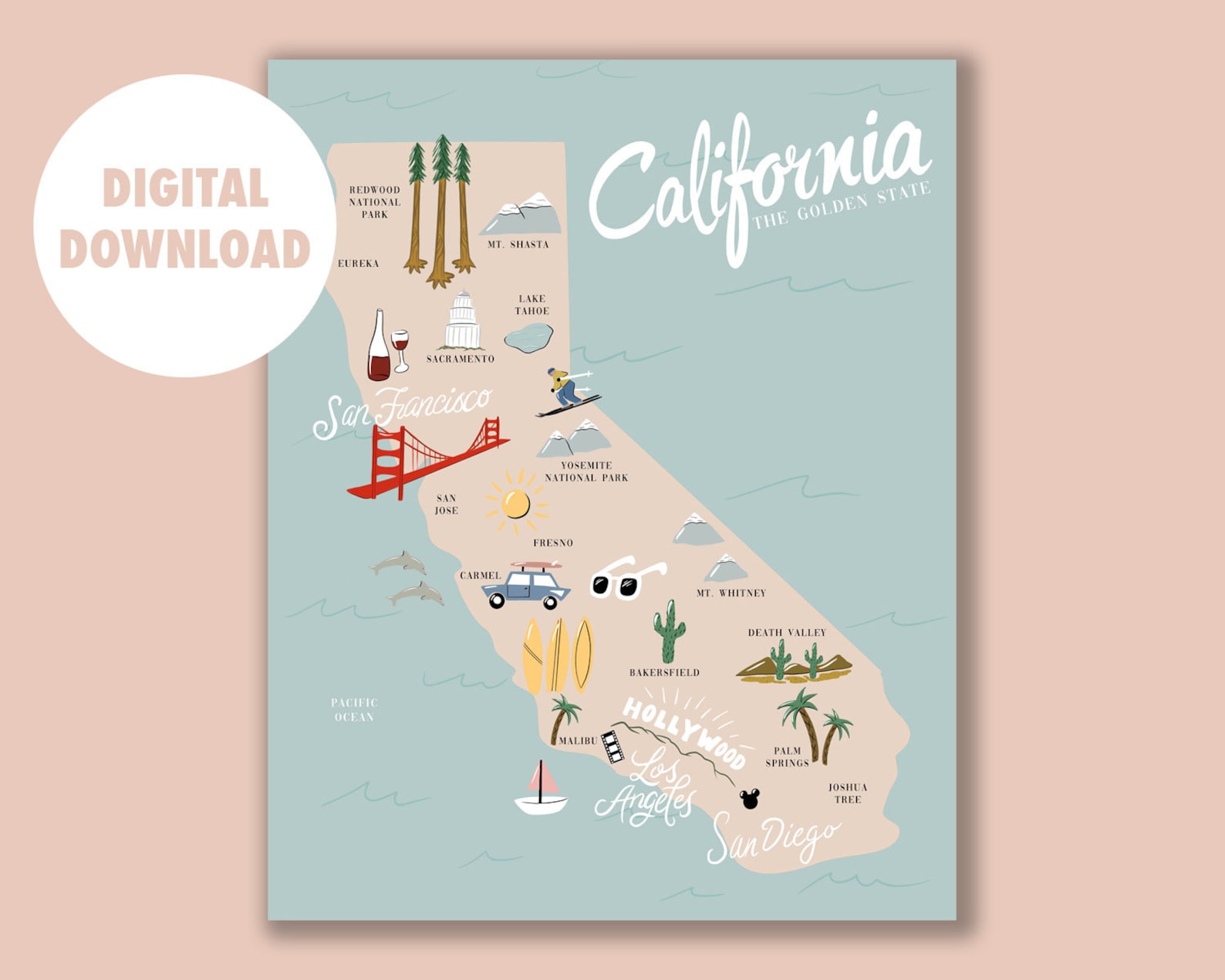 California State Illustrated Map - Etsy