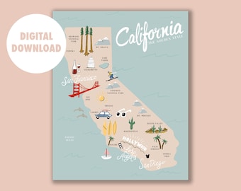 California Map, Pink California Poster, Illustrated Landmark Map, Pink ...