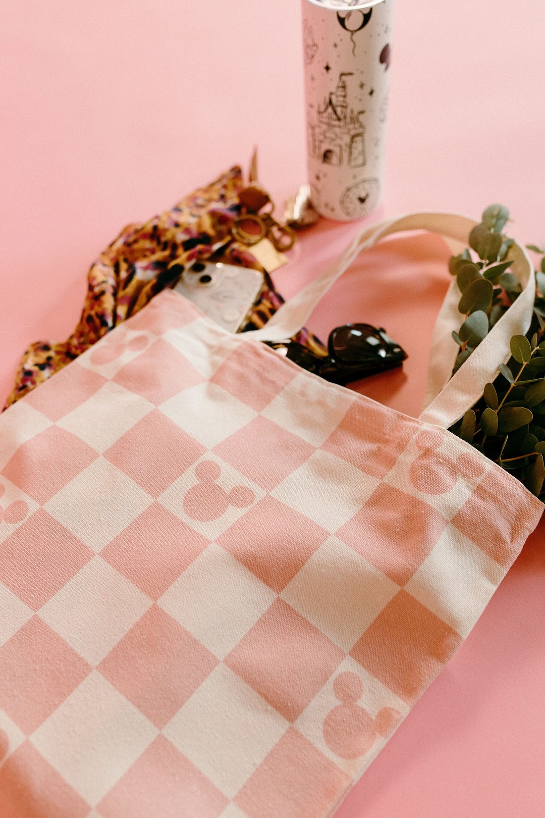 Checkerboard Mickey Distressed Tote Bag in Pink, Tan or Grey - Etsy