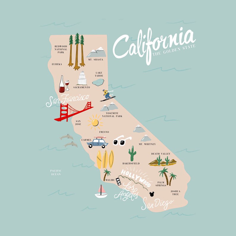California State Illustrated Map - Etsy