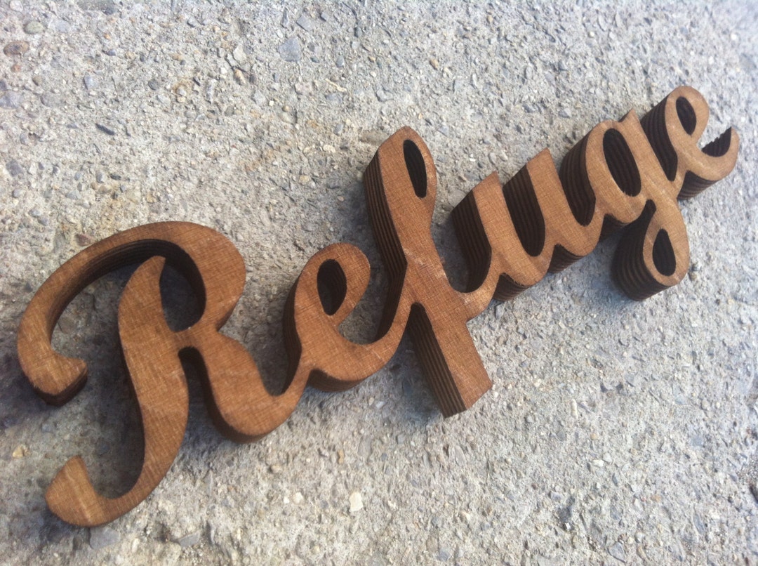 Door Sign Refuge Dark Finished Wood, Wood Sign,cursive Wooden Letters ...