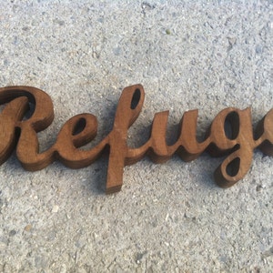 Door Sign Refuge Dark Finished Wood, Wood Sign,cursive Wooden Letters ...