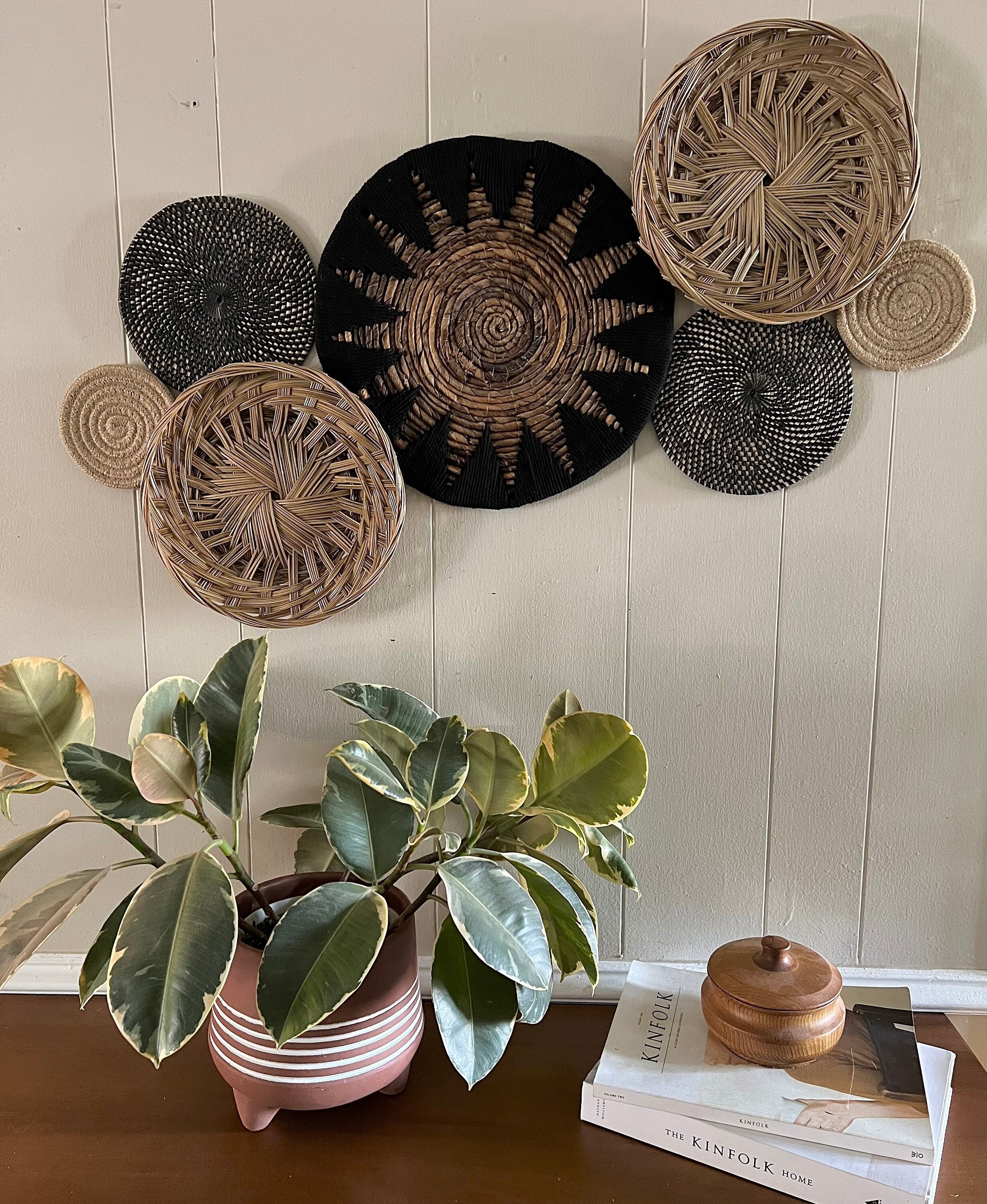 Black Sun Bohemian Basket Wall Decor - Set of 7 Embroidered and Wicker ...