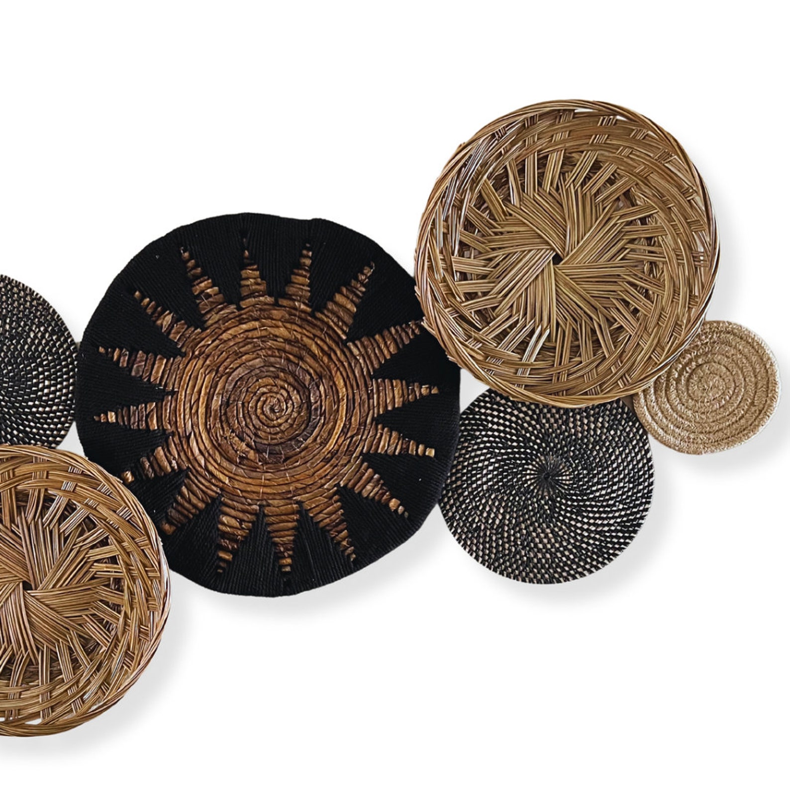 Black Sun Bohemian Basket Wall Decor - Set of 7 Embroidered and Wicker ...
