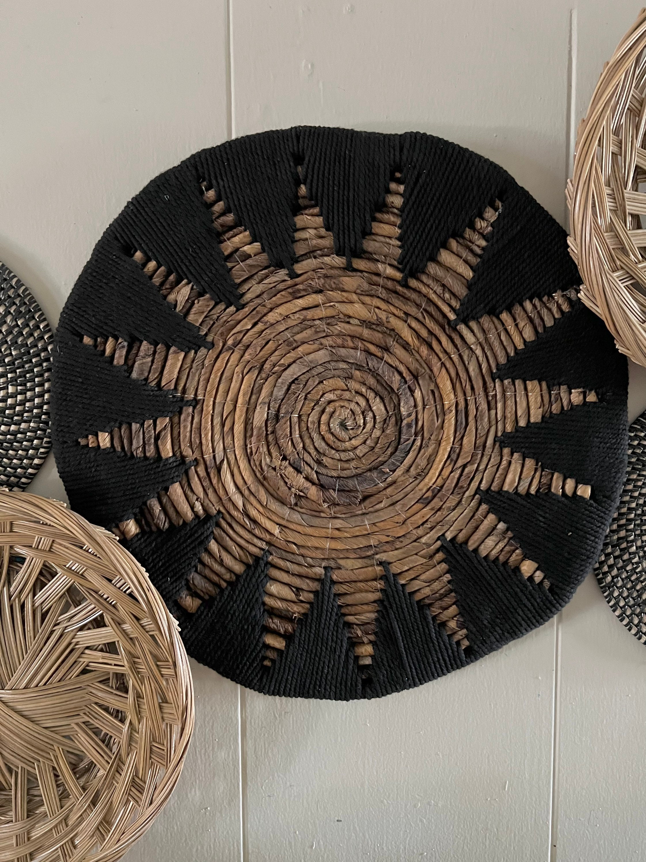 Black Sun Bohemian Basket Wall Decor - Set of 7 Embroidered and Wicker ...