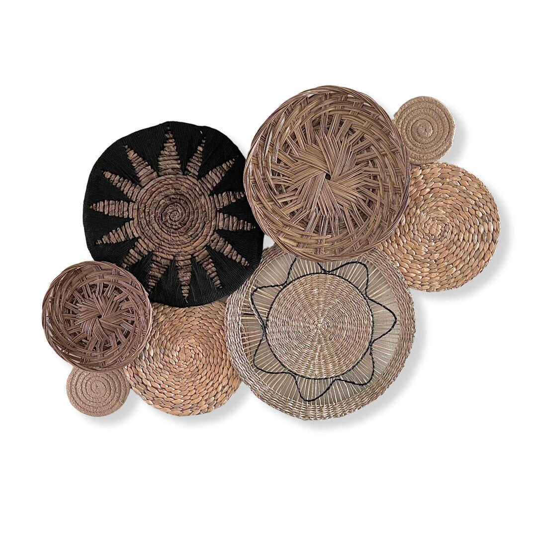 Black Sun Flower Bohemian Boho Basket Wall - Set of 9 Embroidered ...