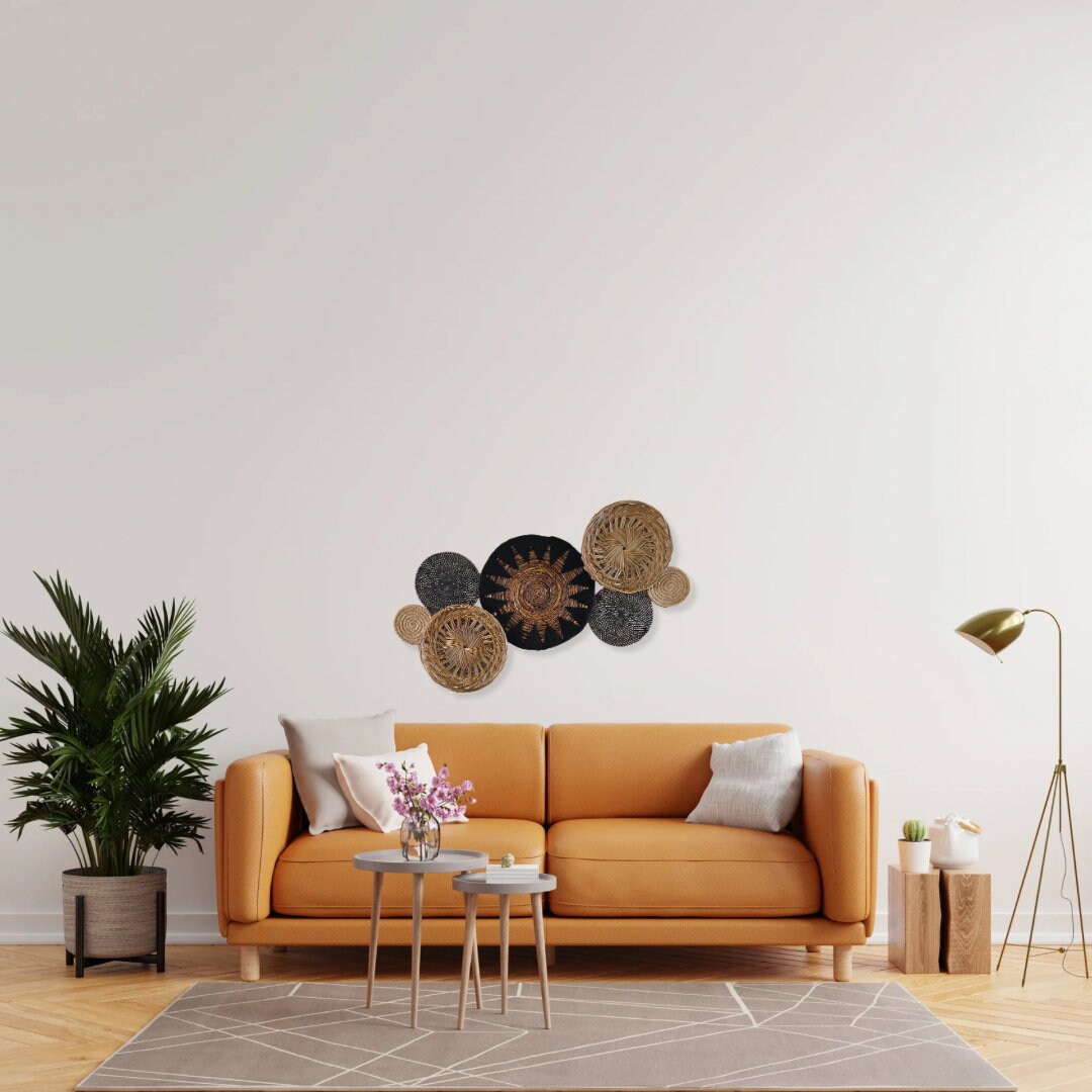 Black Sun Bohemian Basket Wall Decor - Set of 7 Embroidered and Wicker ...
