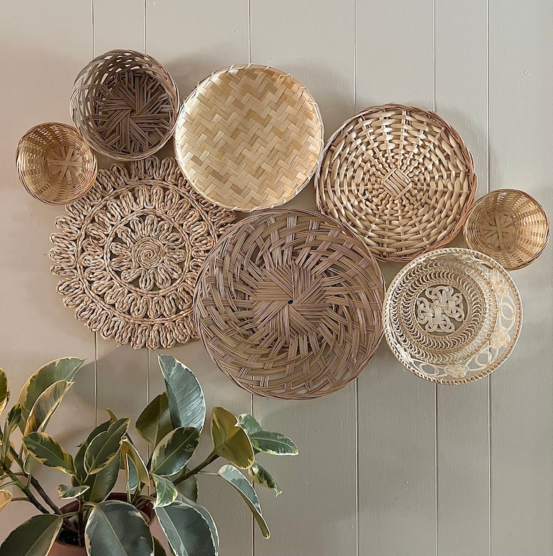 Boho Bohemian Basket Wall - Set of 8 Baskets With Ivory Lace - Etsy