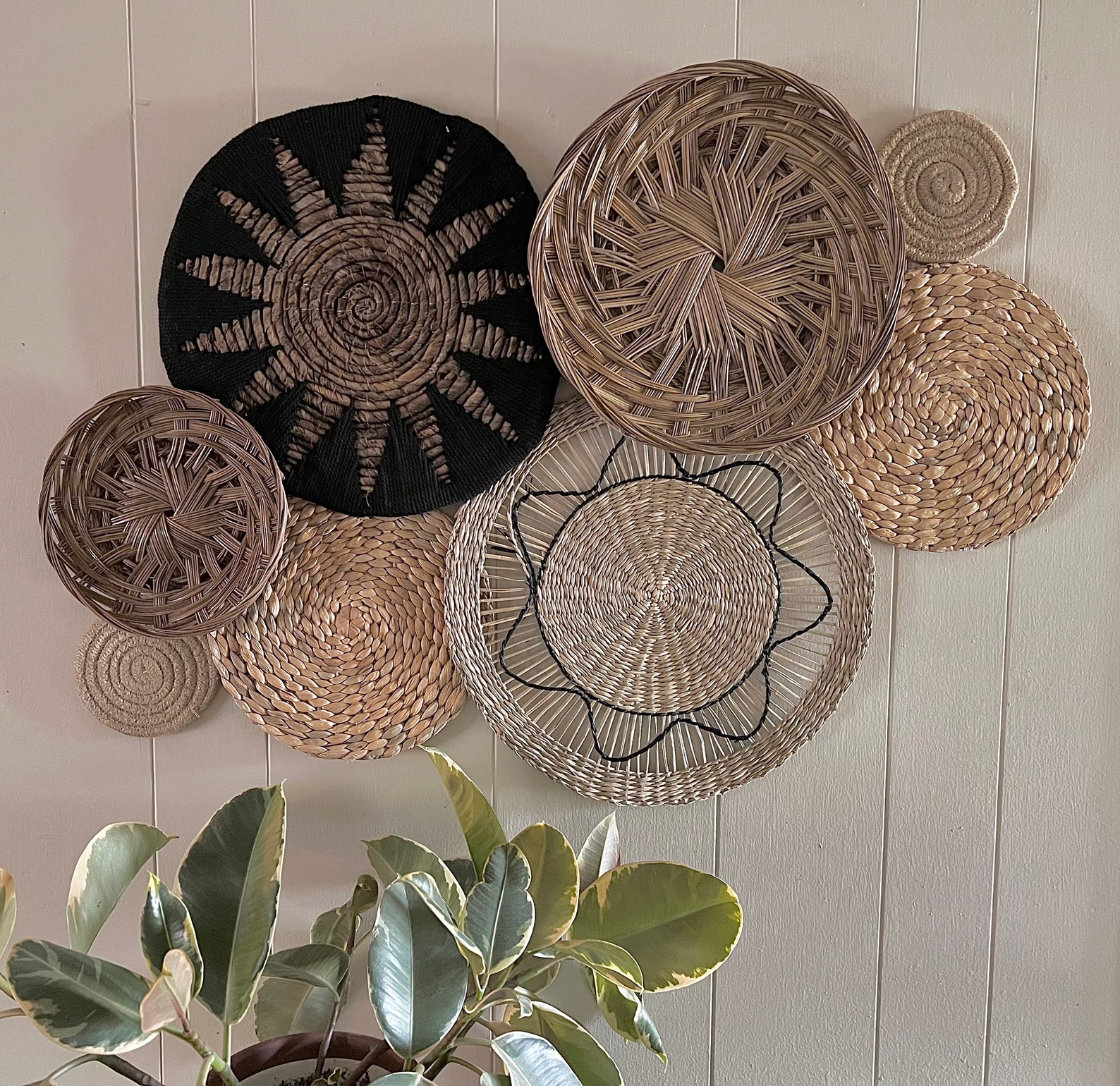 Black Sun Flower Bohemian Boho Basket Wall - Set of 9 Embroidered ...