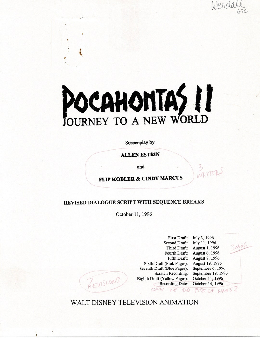 Pocahontas 2 Walt Disney Production Script Copy With Drawings 1996 ...