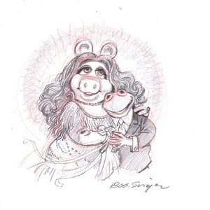 The Muppets Kermit the Frog and Miss Piggy Pencil Scene Drawing Signed ...