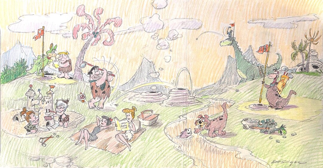 FLINTSTONES Fred Barney Pebbles Beach Huge Hand-drawn Design After the ...
