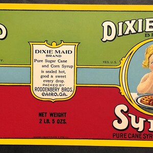 Dixie Maid Syrup Original Unused Vintage Tin Can Label Roddenbery Cairo ...