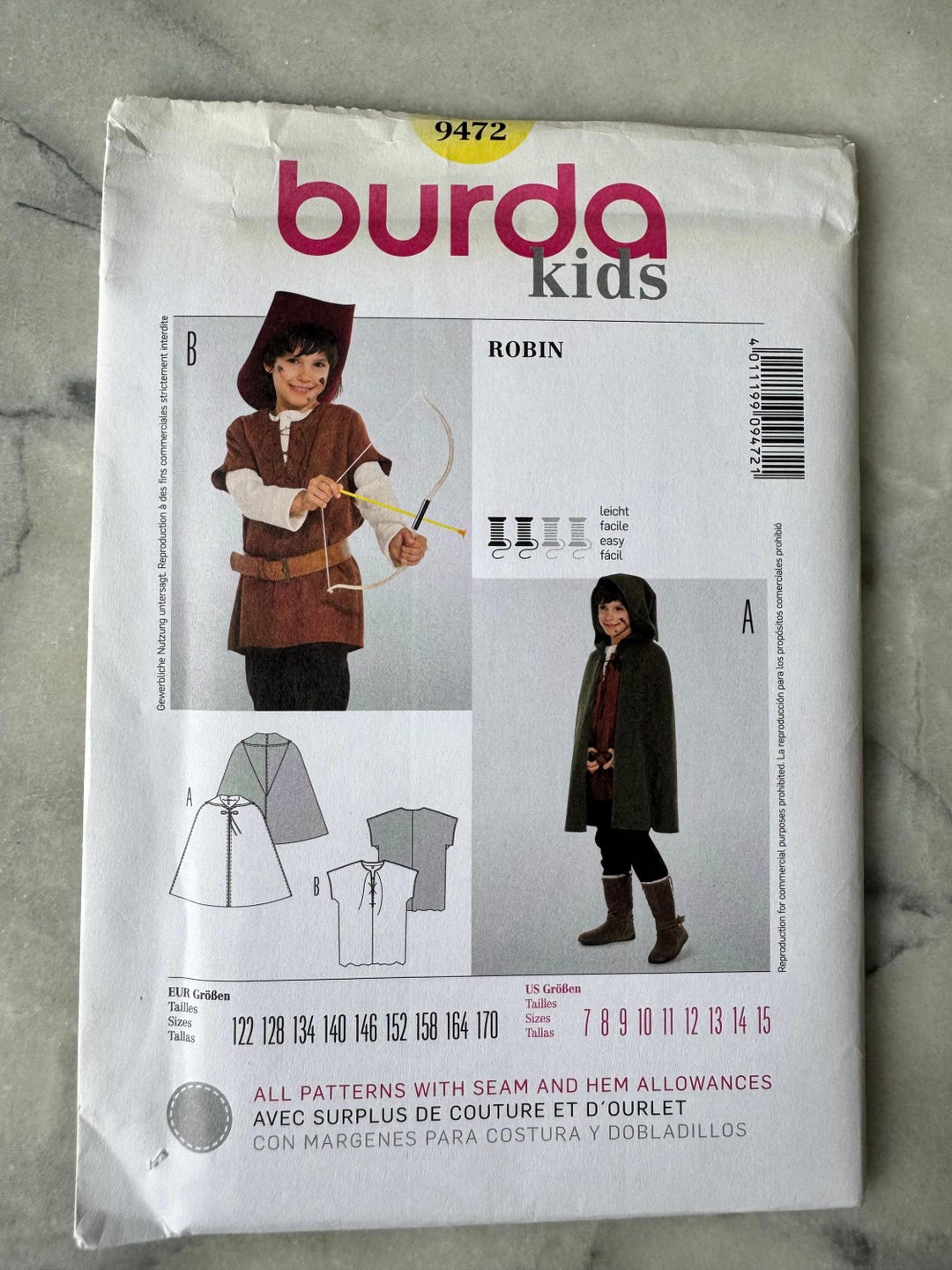 2012 Burda 9472 Sewing Pattern - Kids' Robin Hood Cape and Tunic ...