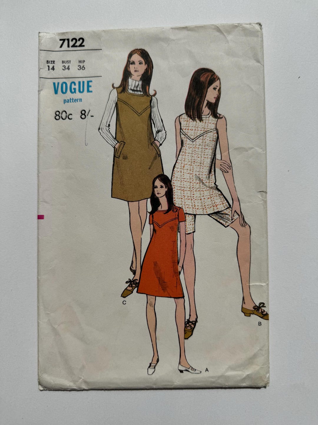1967 UNCUT Vogue 7122 Sewing Pattern - 1967 Vintage Misses’ Jumper Dress and Top (size 14, Bust ...