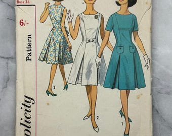 1965 Simplicity 6216 Sewing Pattern-misses’ Dress in Two Lengths Detachable Collar Size 12, Bust ...