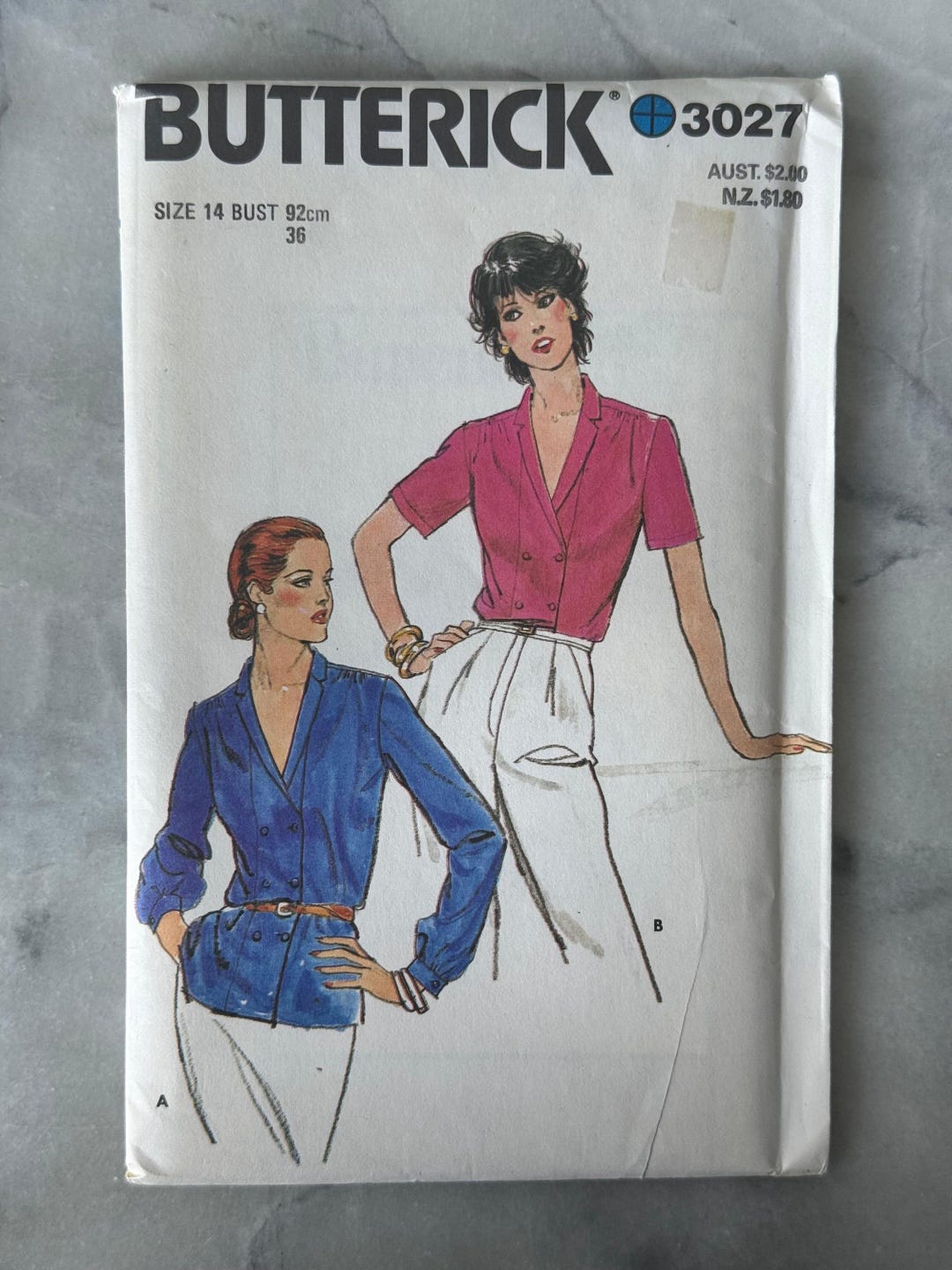 1985 Butterick 3027 Sewing Pattern - Misses' Blouse (size 14, Bust 92 ...