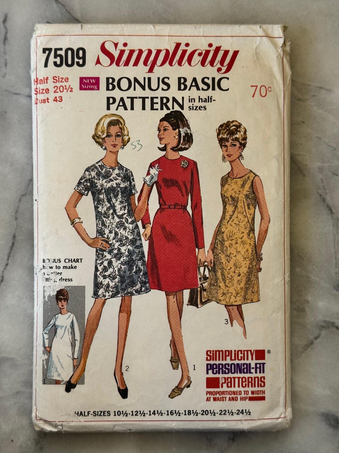 1970 Simplicity 7509 Sewing Pattern - Misses' Basic Dress in Half Sizes ...