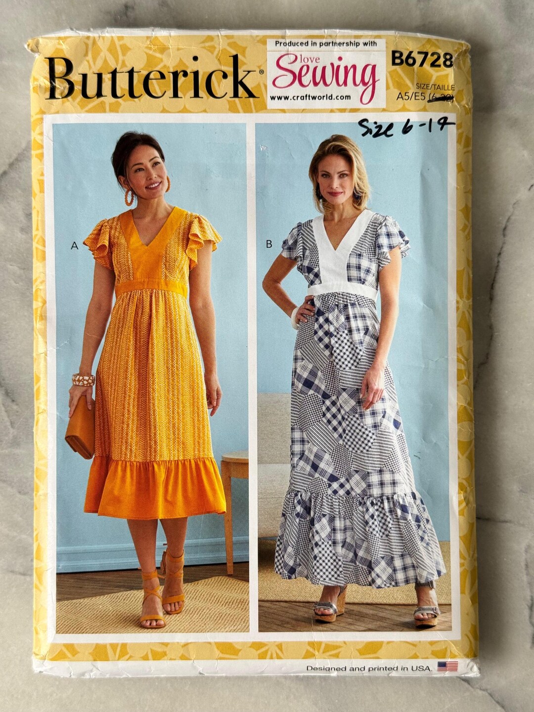 2021 Butterick B6728 Sewing Pattern – Ruffle Sleeve Dress – Sizes 6–14 ...