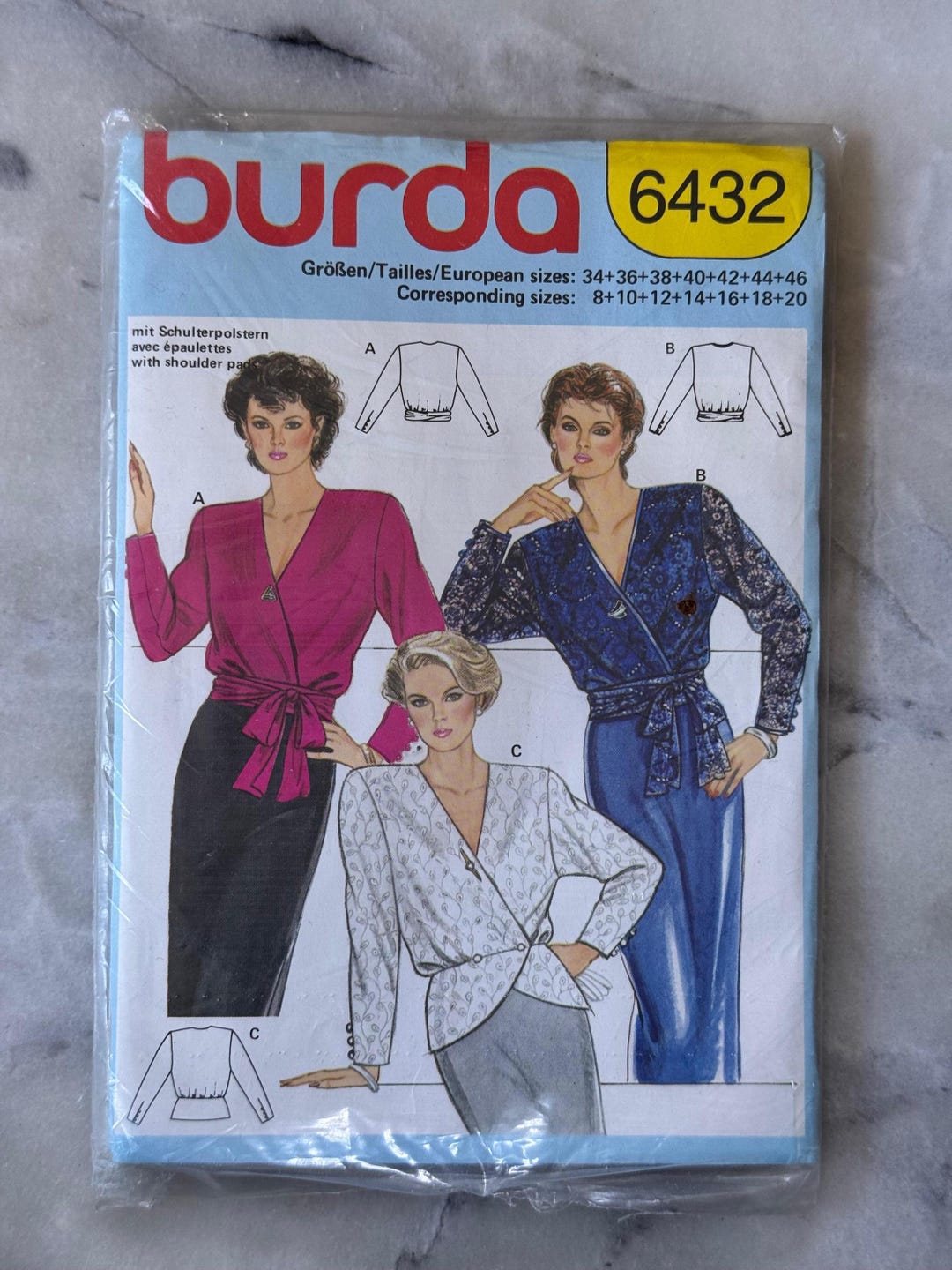 1980s Burda 6432 Sewing Pattern - Misses' Wrap Blouse With Shoulder Pads (sizes 8-20) - UNCUT ...