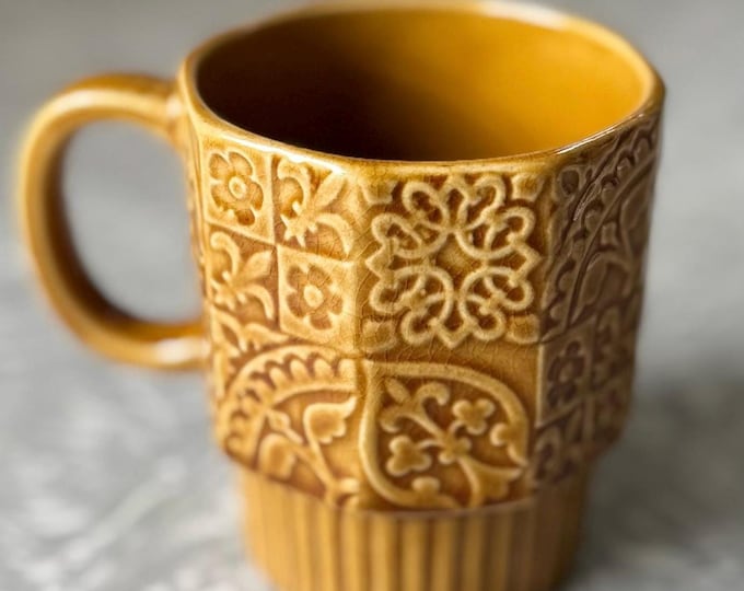 1970s Vintage Japan Mustard Brown Mug - Textured Relief Floral Pattern ...