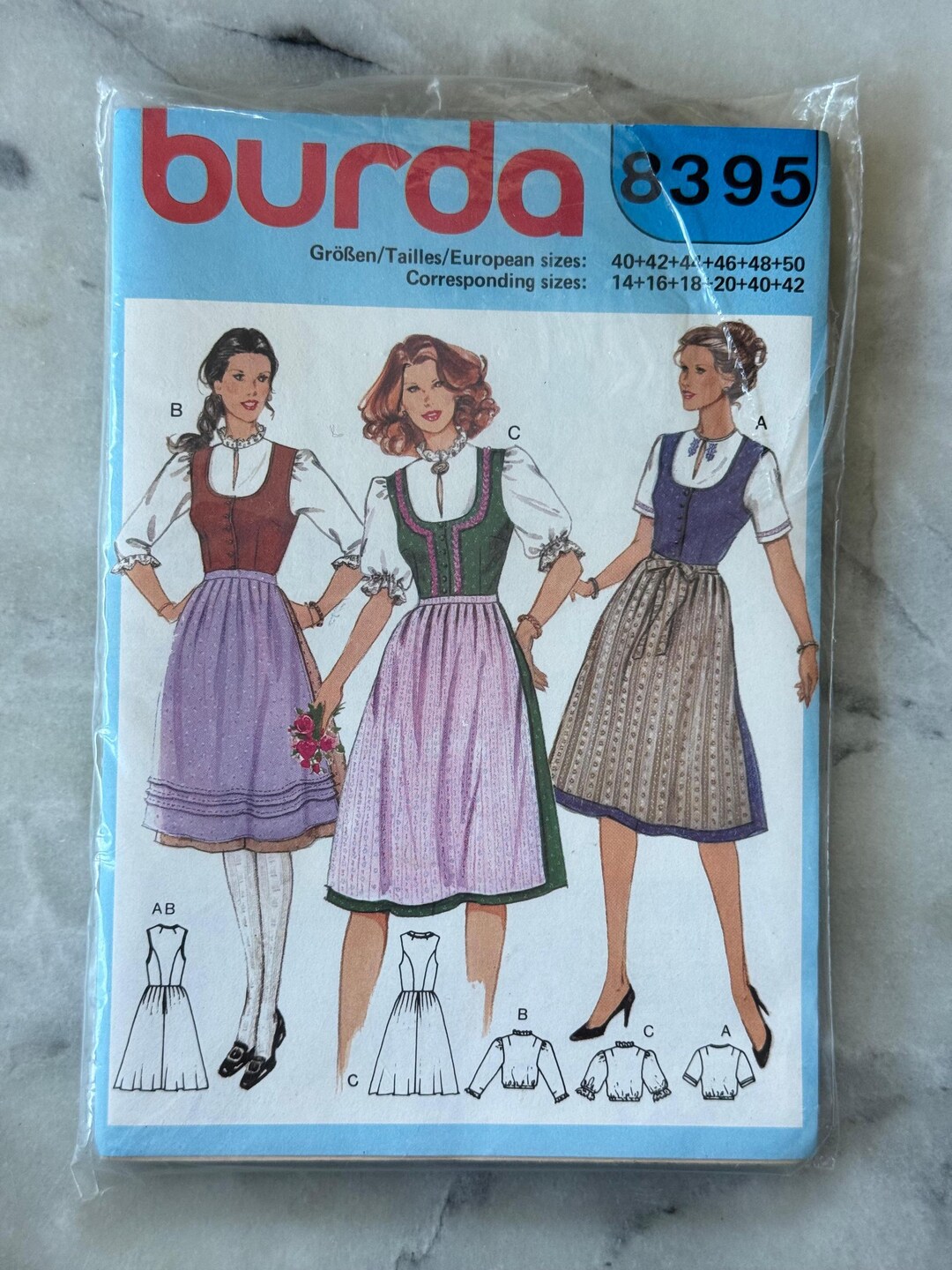 1981 Burda 8395 Sewing Pattern - Women's Dirndl Dress and Blouse (sizes ...