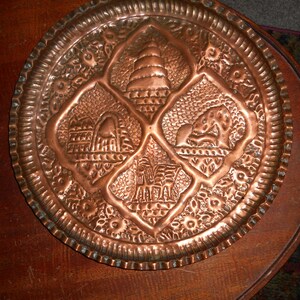Vintage Copper Tray Turkish Mesopotamia Theme Pressed Hammered Hanging ...