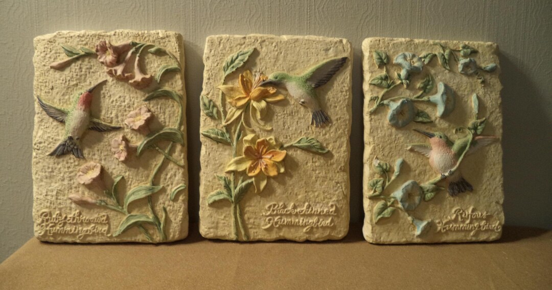 Reserved for Toddi Trio of Hummingbird and Morning Glory Chalkware Wall ...