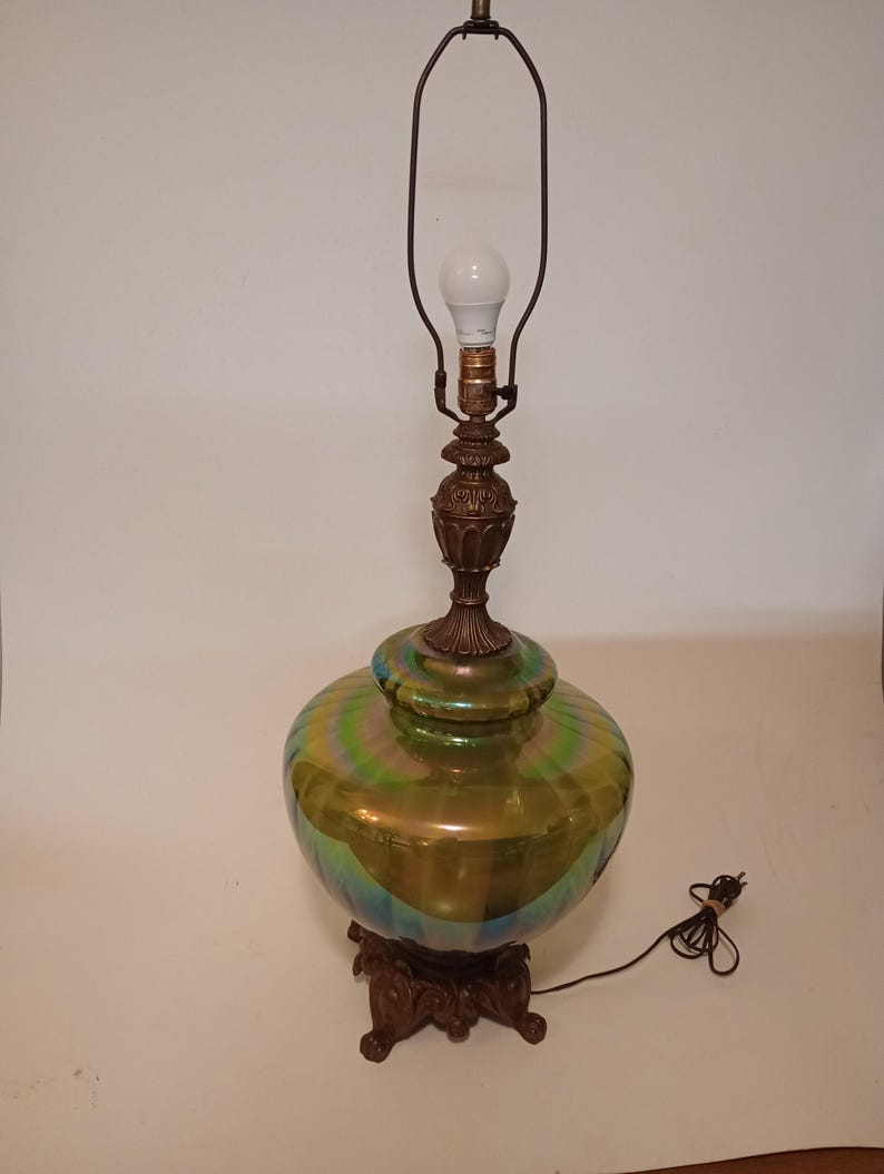 EF & EF Green Carnival Glass and Bronze Table Lamp 1972 - Etsy