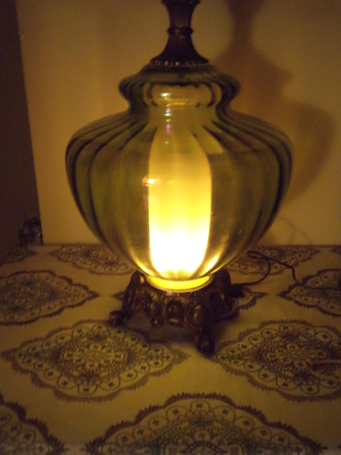 EF & EF Green Carnival Glass and Bronze Table Lamp 1972 - Etsy