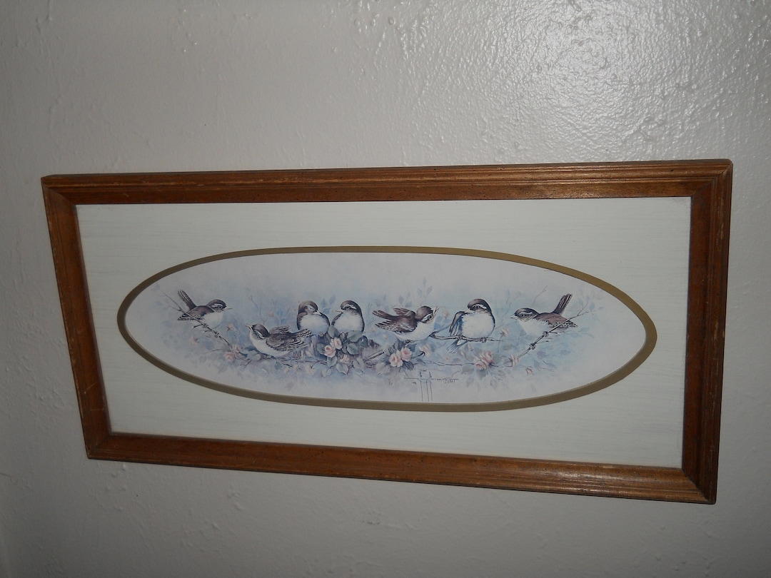 Margie Morrow Sparrows on a Rose Bush Branch 1983 Lithograph Wood Frame ...