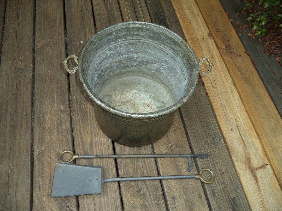 Antique Hammered Copper Ash / Log Bucket With Set of 2 Fire Place Tools ...
