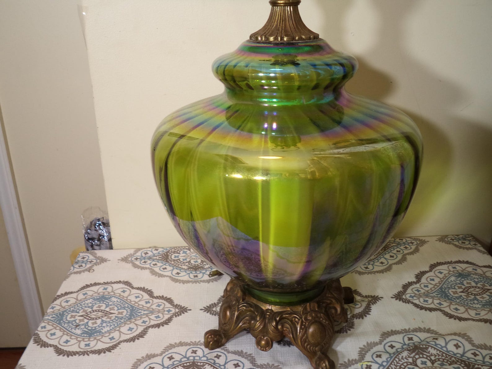 EF & EF Green Carnival Glass and Bronze Table Lamp 1972 - Etsy
