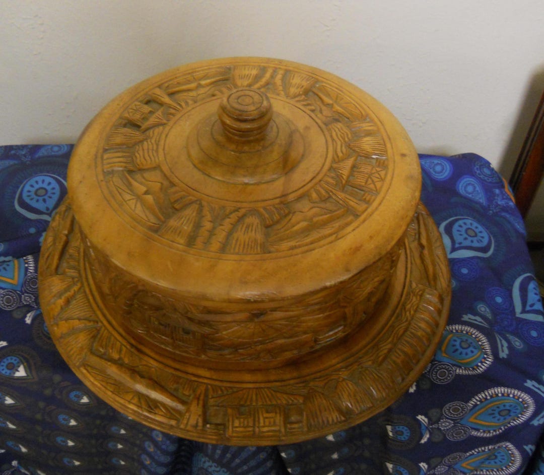 Vintage Carved Wood Cake Plate Saver and Hidden Lazy Susan Circa 70's ...