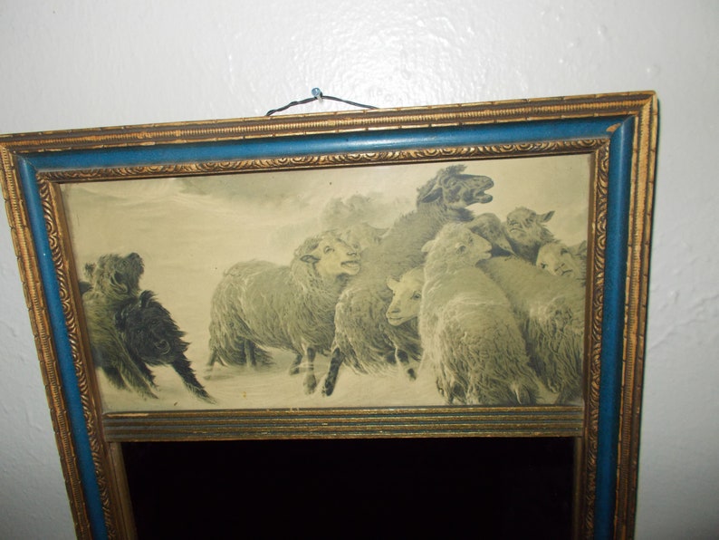 Antique Mirror With Black and White Lithograph Sheep and - Etsy