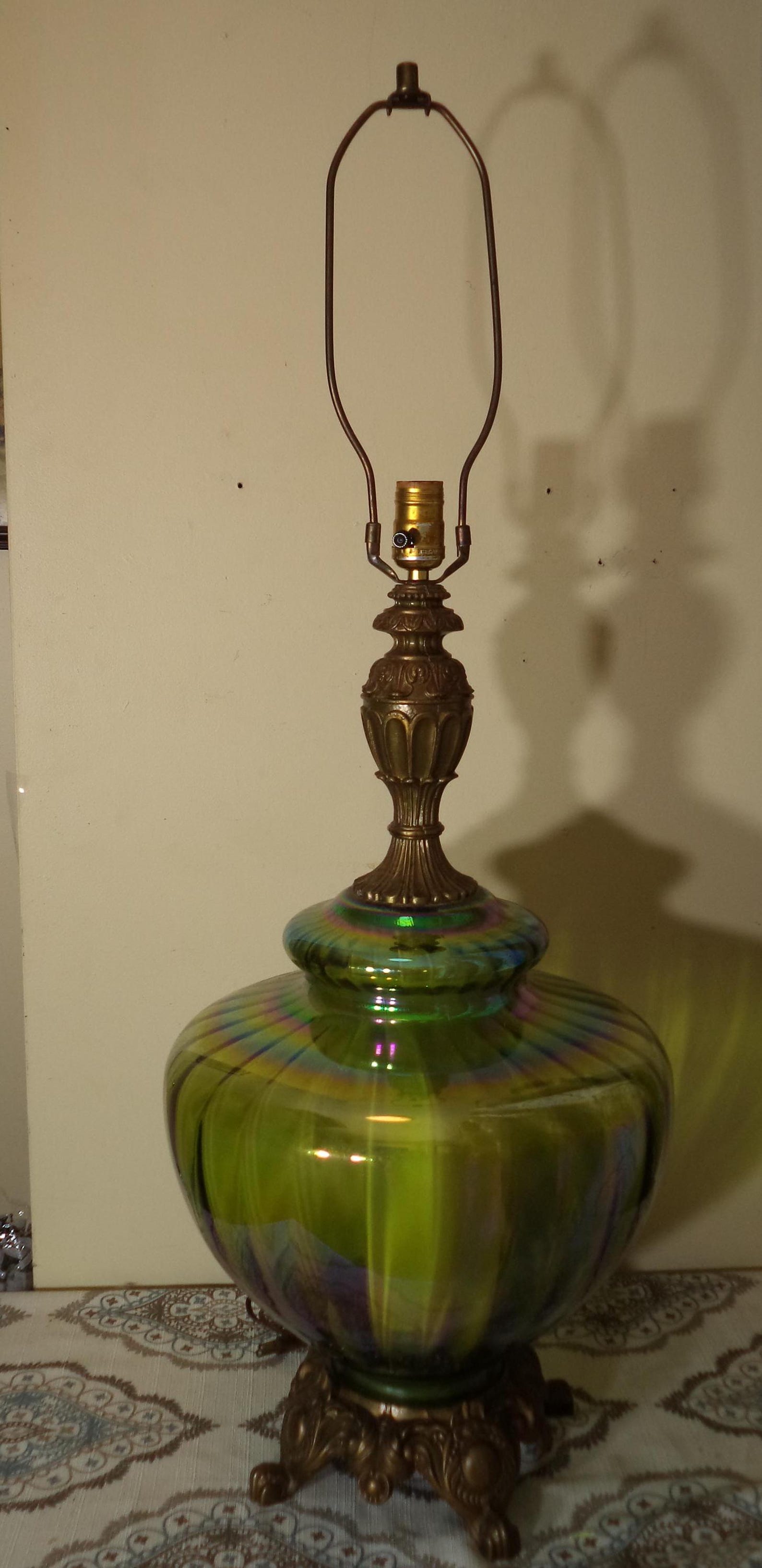 EF & EF Green Carnival Glass and Bronze Table Lamp 1972 - Etsy